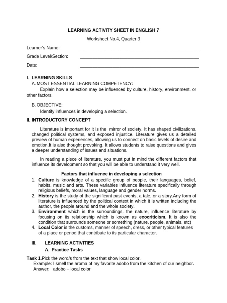 Learning Activity Sheet in English 7 | PDF | Learning