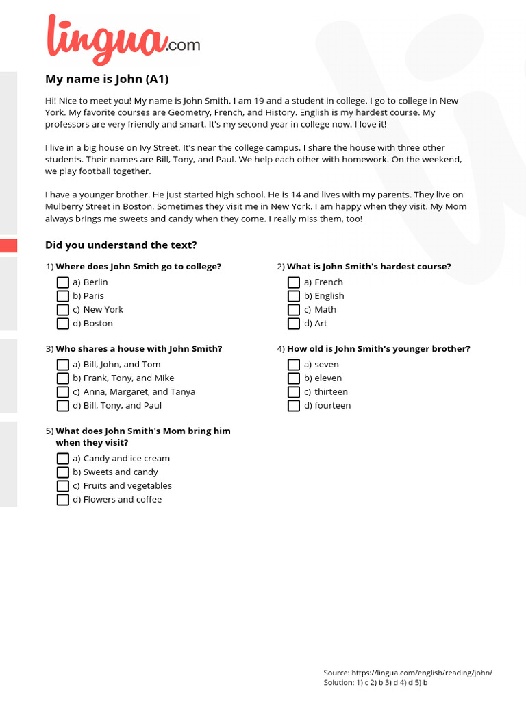 My Name Is John (A1) - Text in English | PDF