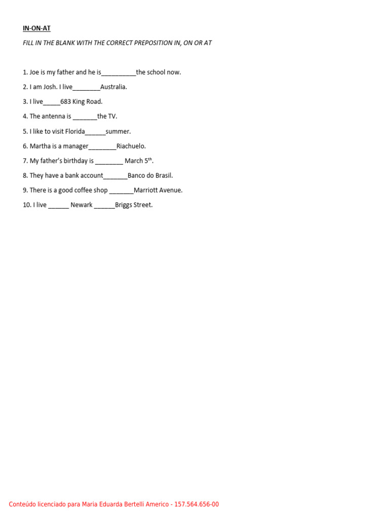 Prepositions Practice: In, On, At | PDF