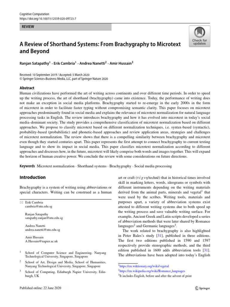 Satapathy R, (2020) A Review of Shorthand Systems From Brachygraphy To ...