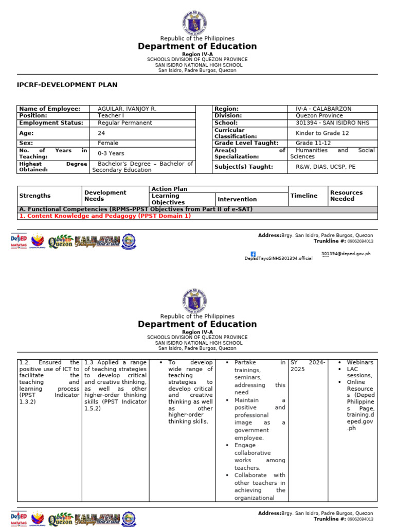 Ipcrf Development Plan Final | PDF | Educational Technology | Learning