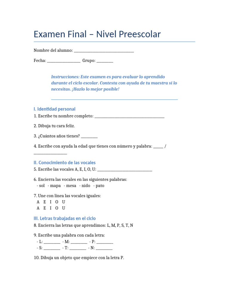 Examen Prescolar Final Con Silabas Completo | PDF