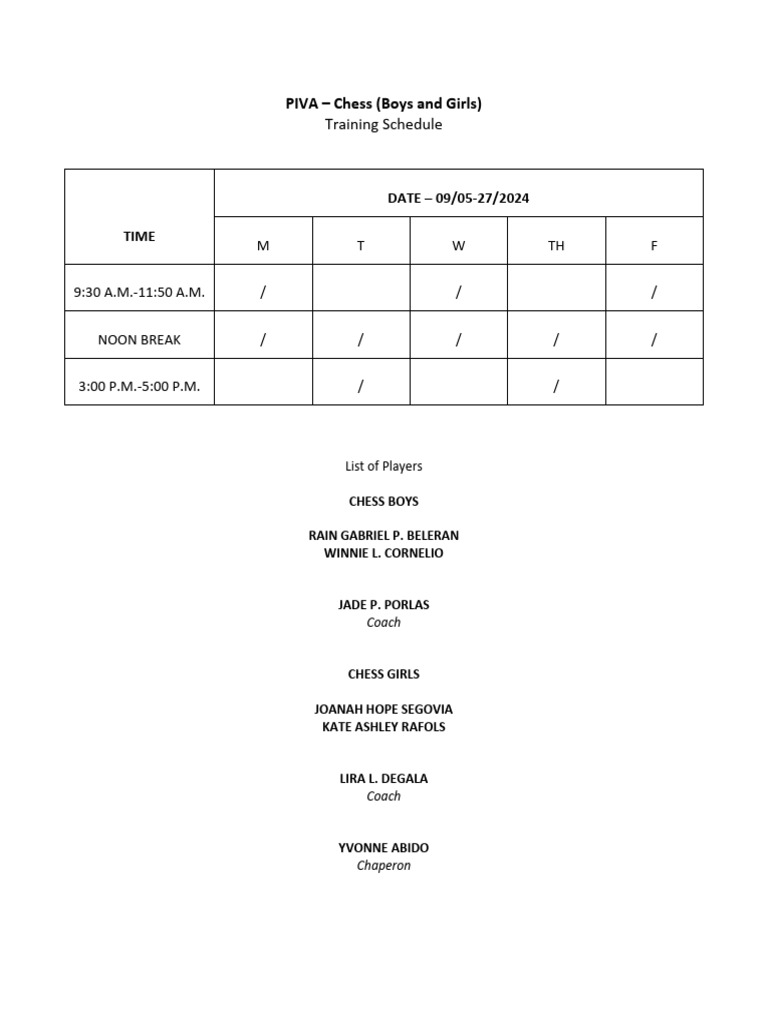 PIVA Chess Training Sched | PDF
