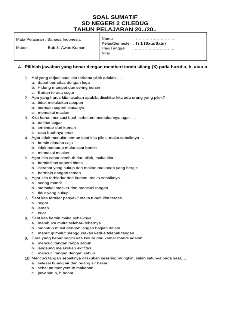 Soal Sumatif B.indo Kelas 1 Bab 3 Awas Kuman | PDF