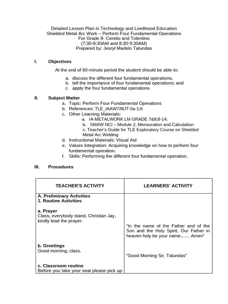 Grade 8 SMAW Lesson Plan: 4 Operations | PDF | Subtraction | Elementary ...