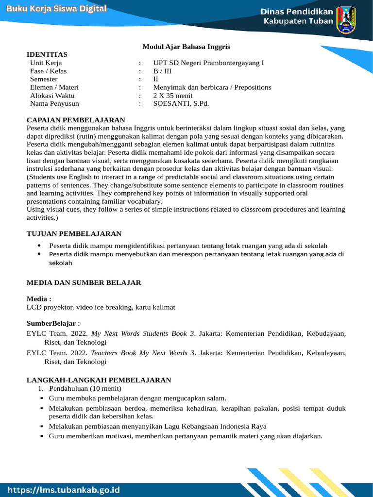 Modul Ajar B Inggris Kelas III Semester 2 Prepositions | PDF