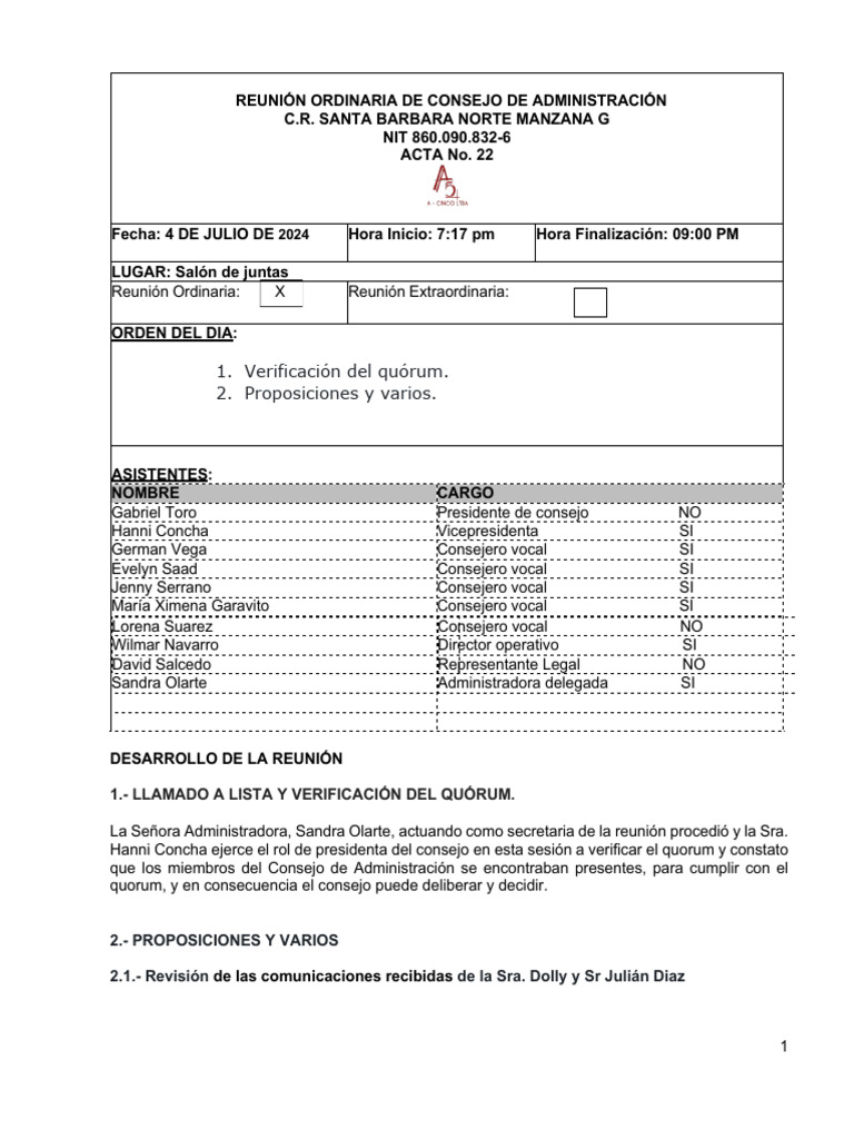Acta 22 Consejo Manzana G Julio 4 | PDF