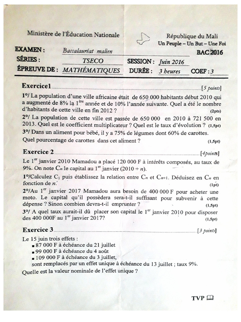 BAC 2016 Mathématique | PDF