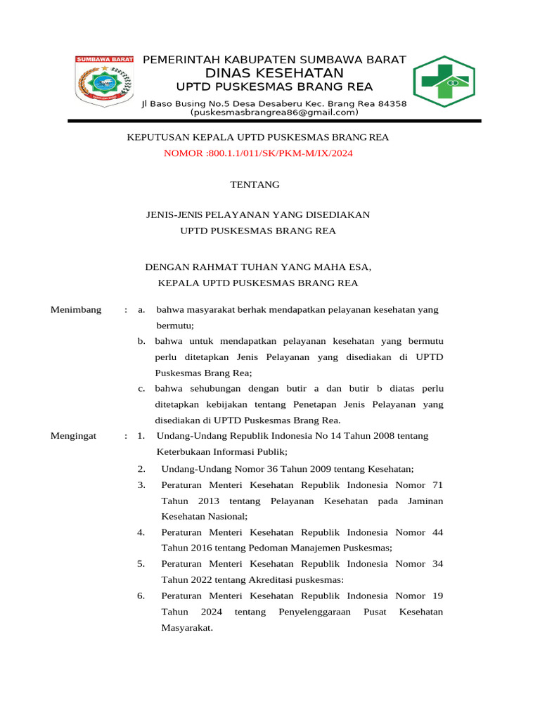 SK Jenis-Jenis Pelayanan PKMBR 2024 | PDF