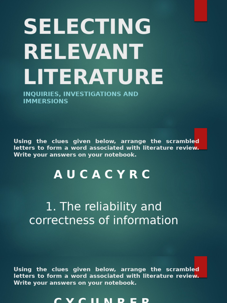 Selecting Relevant Literature Guide | PDF | Literature Review | Knowledge