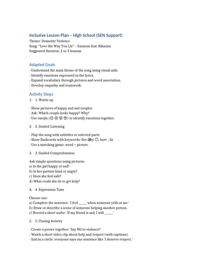 Inclusive Lesson DomesticViolence English | PDF