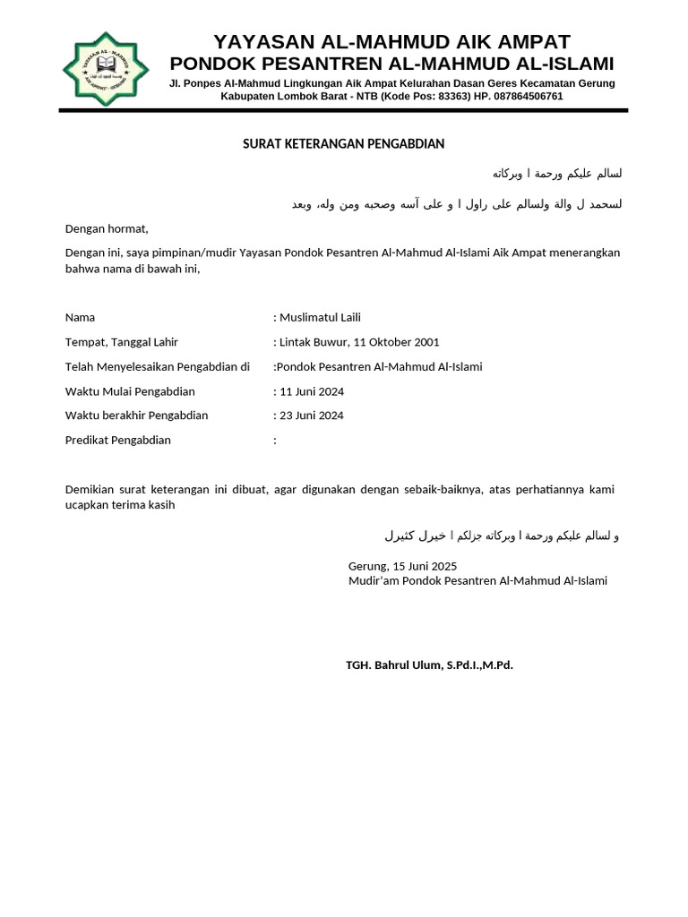 Surat Keterangan Pengabdian Laili | PDF