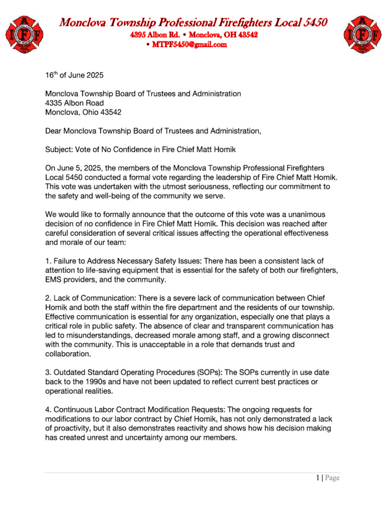 Letter From Monclova Twp. Firefighters Local 5450 | PDF