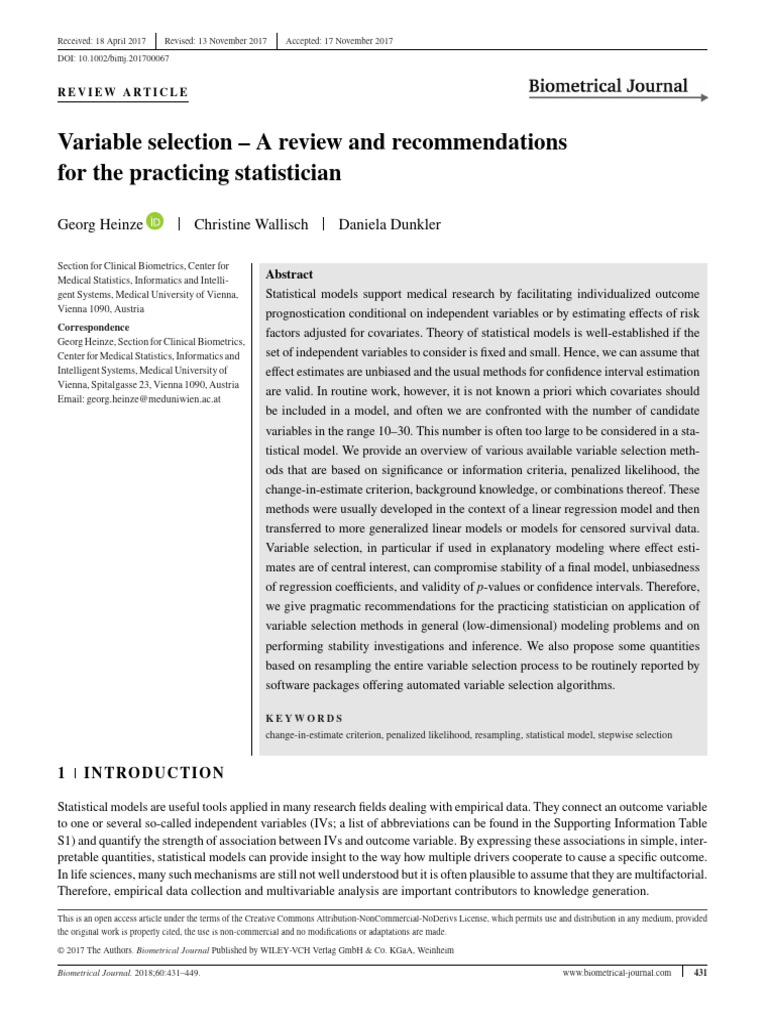 Variable Selection - A Review and Recommendations For The Practicing Statistician | PDF | Linear ...