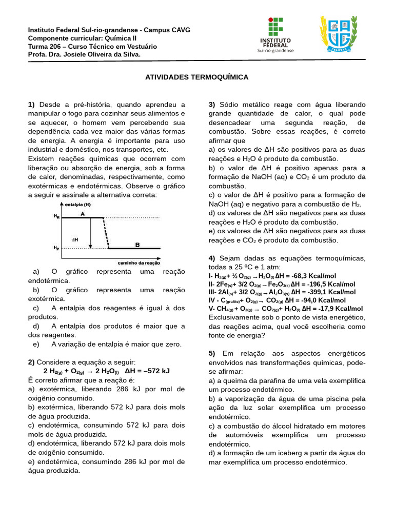 Exercícios Termoquímica - Turma 206 | PDF | Entalpia | Combustão