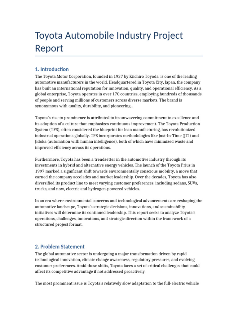 Toyota Project Report Part1 | PDF | Toyota | Lean Manufacturing