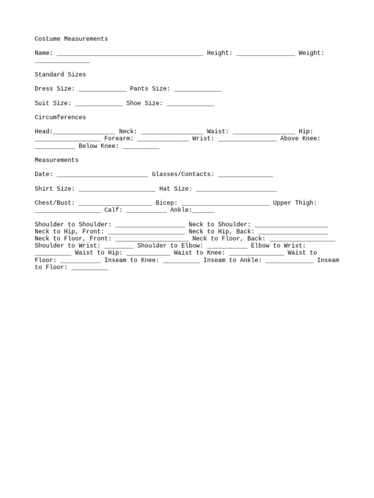 Converted - Blank Costume Measurements Form | PDF