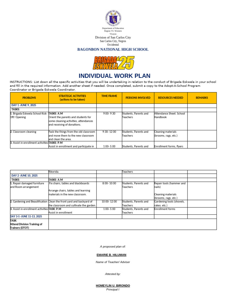 Brigada Eskwela Individual Work Plan | PDF | Classroom | Learning