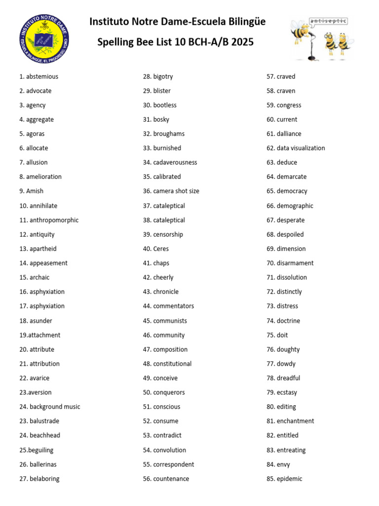 Spelling List 10 BCH-AEB 2025 | PDF