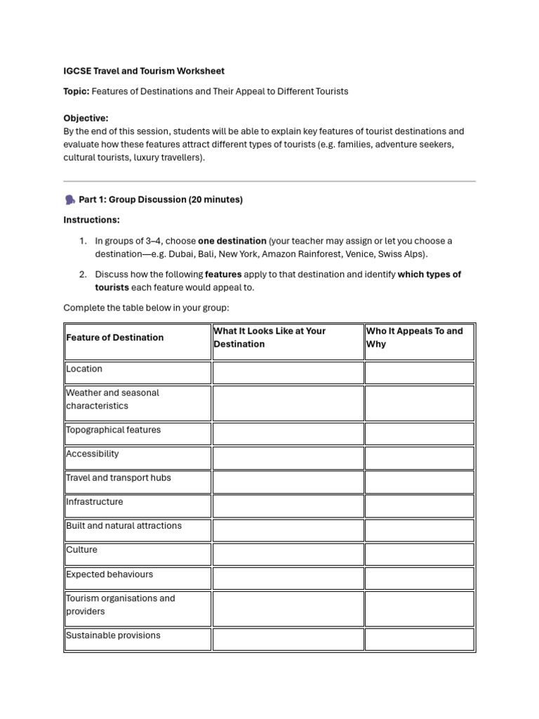 Worksheet On Features of Travel Destinations | PDF