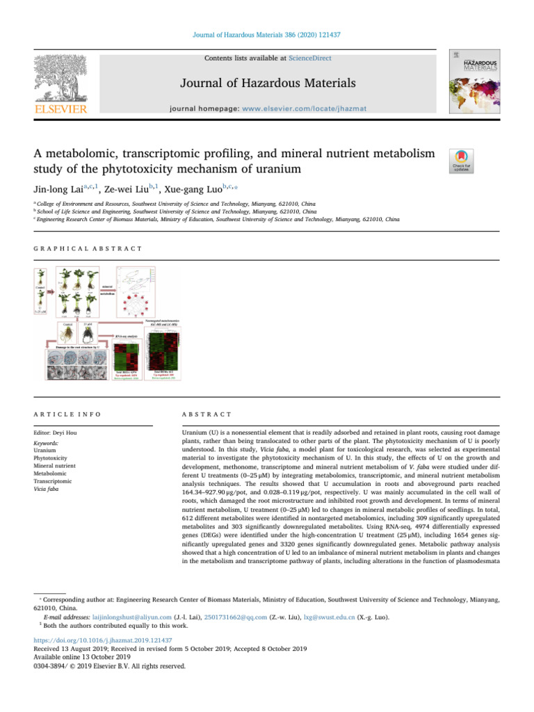 A Metabolomic, Transcriptomic Profiling, and Mineral Nutrient ...