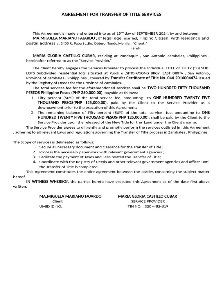 Title Transfer Agreement for Subdivided Lots | PDF