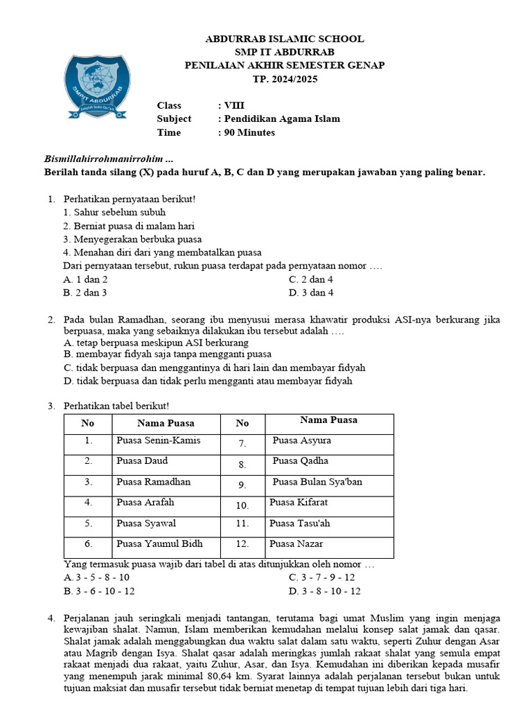 Soal Uas Pai Kls 8 SMT 2 Tp2024-2025 .PDF Fix 3 | PDF