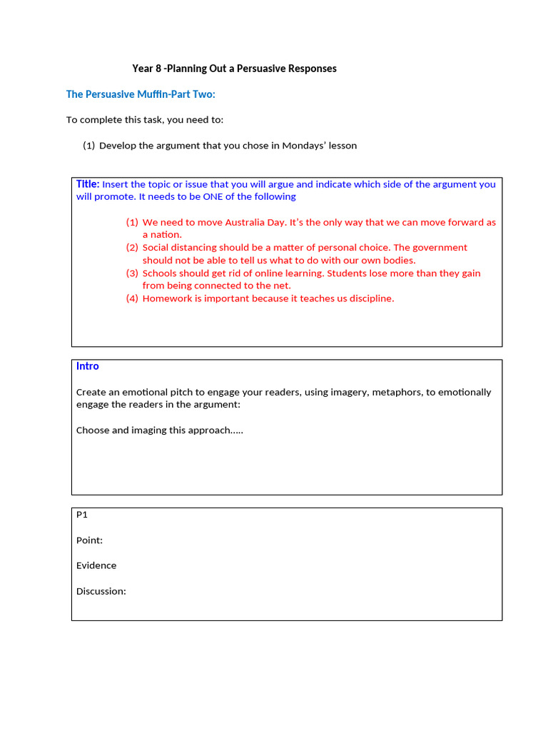 Year 8 - Planning Out The Persuasive Response | PDF