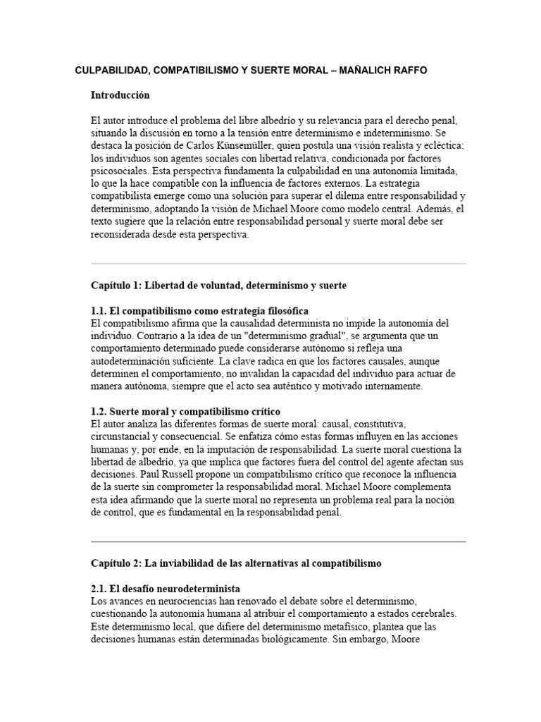 (Resumen) Culpabilidad, Compatibilismo y Suerte Moral - Mañalich Raffo | PDF | Libre albedrío ...