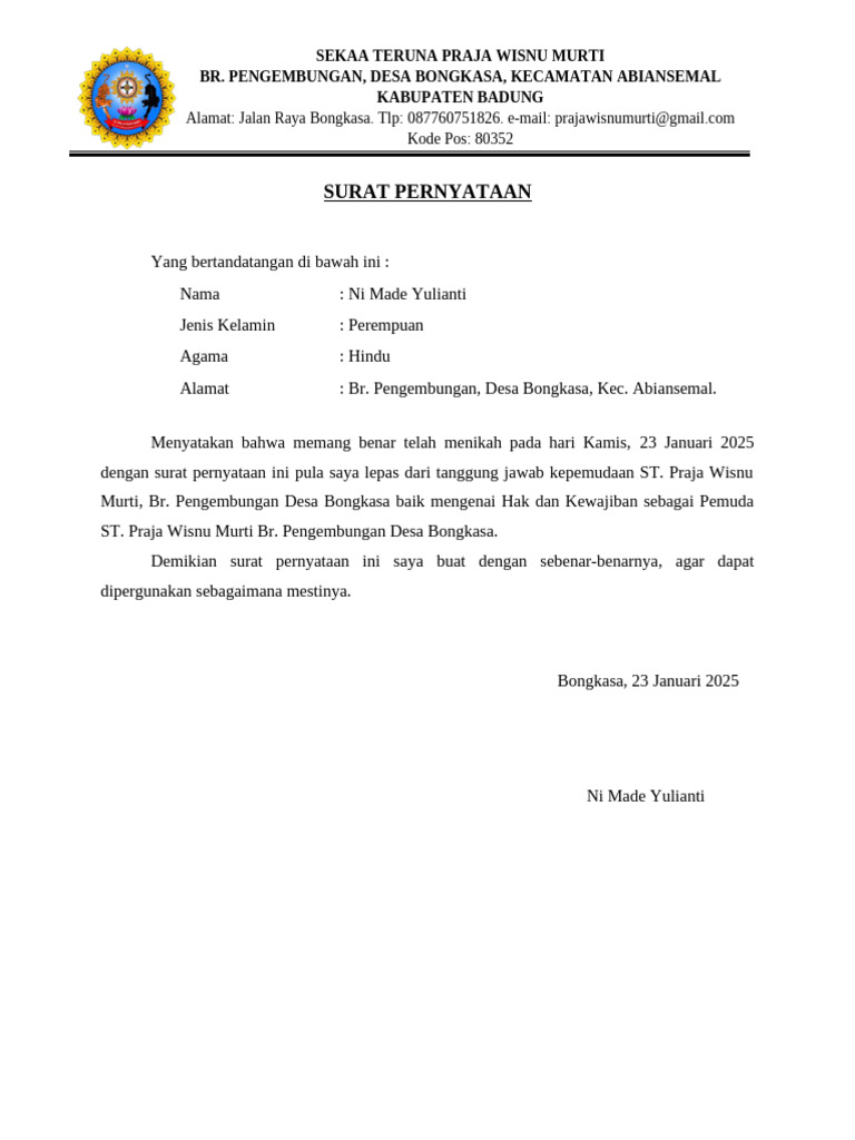 23-1-25 - Surat Pernyataan Lepas Dari Kepemudaan - Ni Made Yulianti | PDF