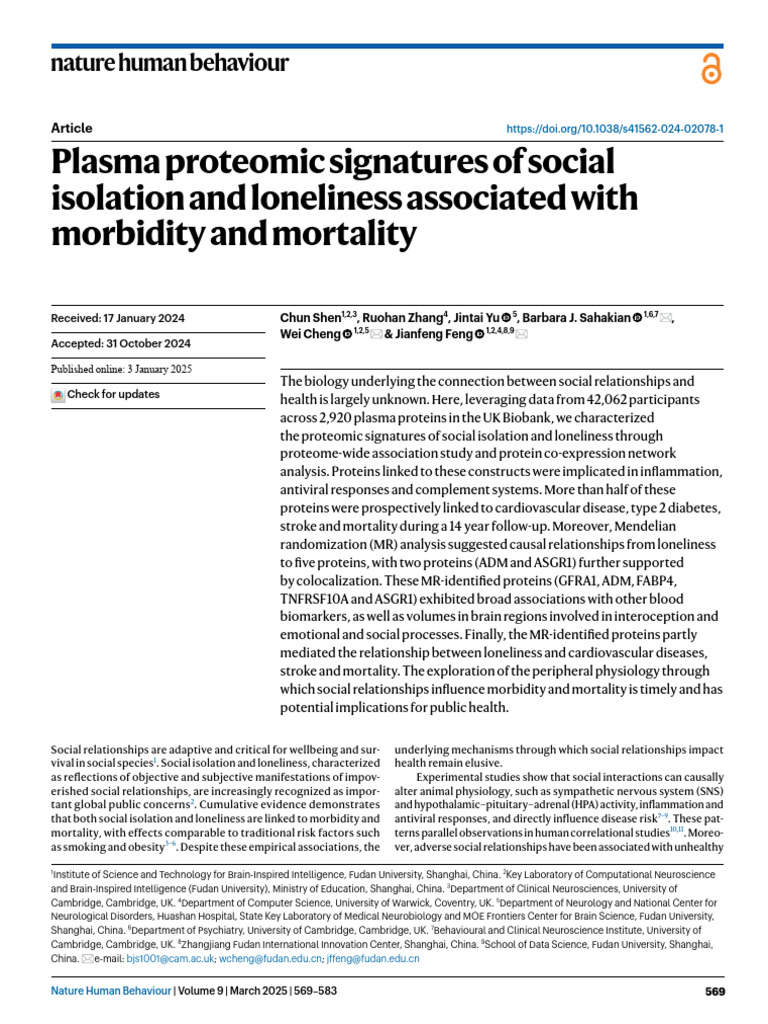 Plasma Proteomic Signatures of Social Isolation and Loneliness ...