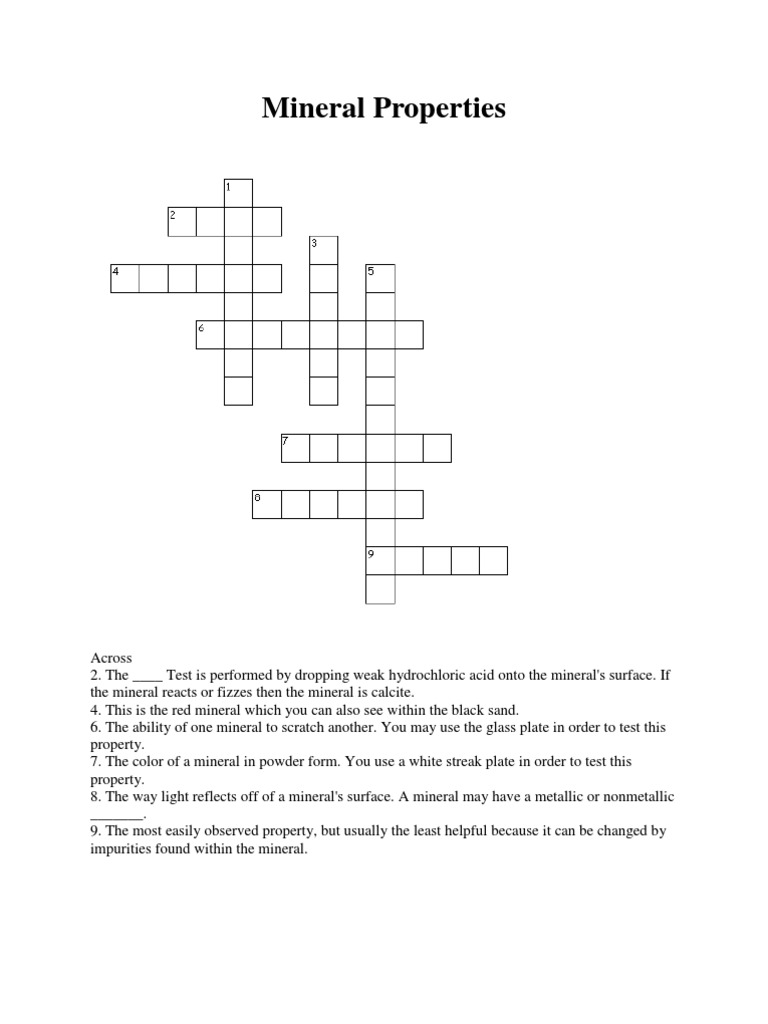 Mineral Properties Crossword Puzzle | PDF | Minerals | Chemical Substances