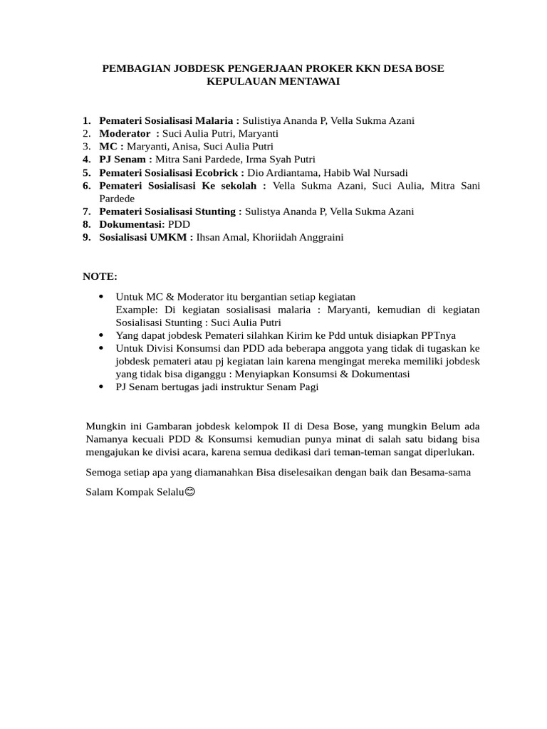 Pembagian Jobdesk Pengerjaan Proker Kkn Desa Bose Kepulauan Mentawai[1][1] | PDF