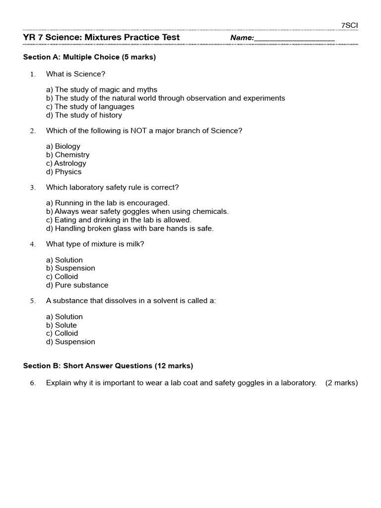 Year 7 Science Mixtures Test Guide | PDF | Mixture | Chemical Substances