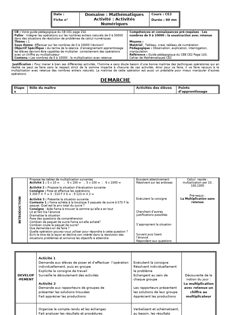 Multiplication avec retenue CE2 | PDF | Multiplication | Pédagogie