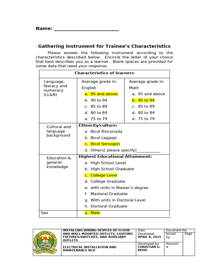 01B Gathering Instrument For Trainee's Characteristics | PDF ...