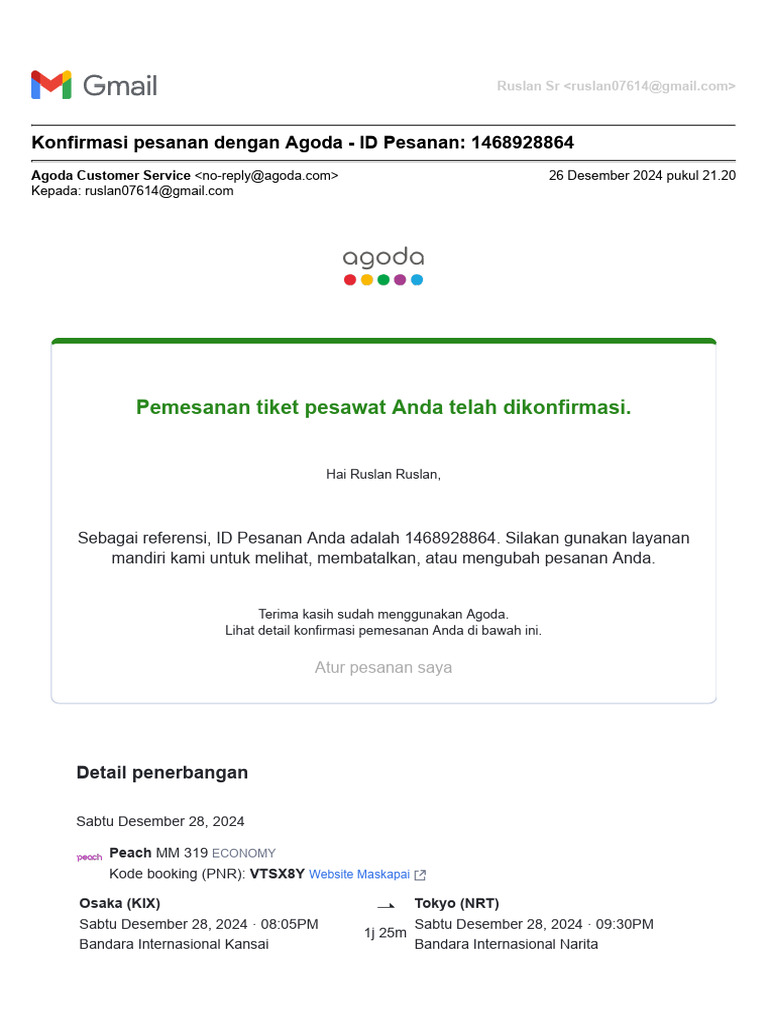 Konfirmasi Pesanan Dengan Agoda - ID Pesanan - 1468928864 | PDF