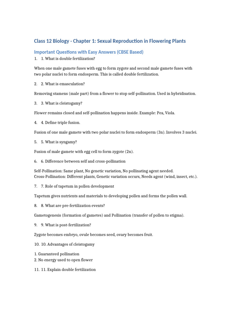 Sexual Reproduction in Flowering Plants Important QA | PDF