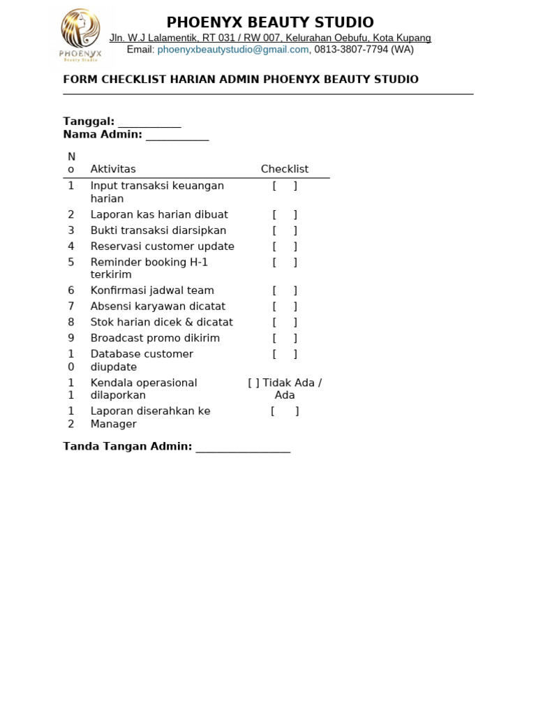 Harian Admin Checklist - Phoenyx Studio | PDF