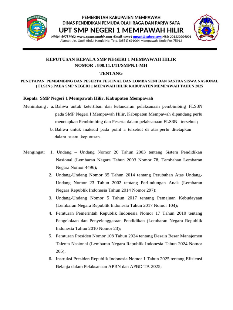 SK PEMBIMBING Dan Peserta FLS3N 2025 | PDF