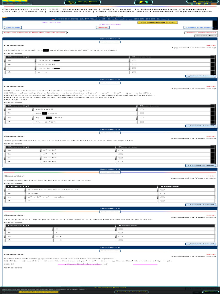 Solved Questions (PYQs) 1-6 of 122 On Polynomials IMO Level 1 - Mathematics Olympiad (SOF) Class ...