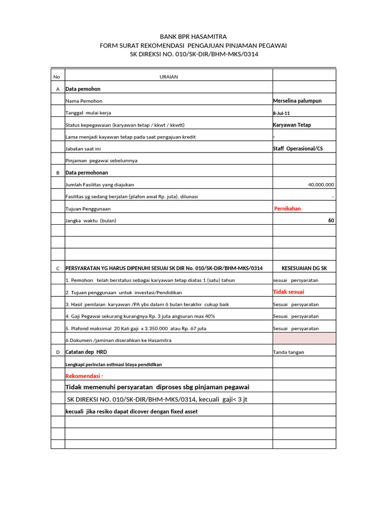 Form Rekomendasi Pinjaman Pegawai All | PDF