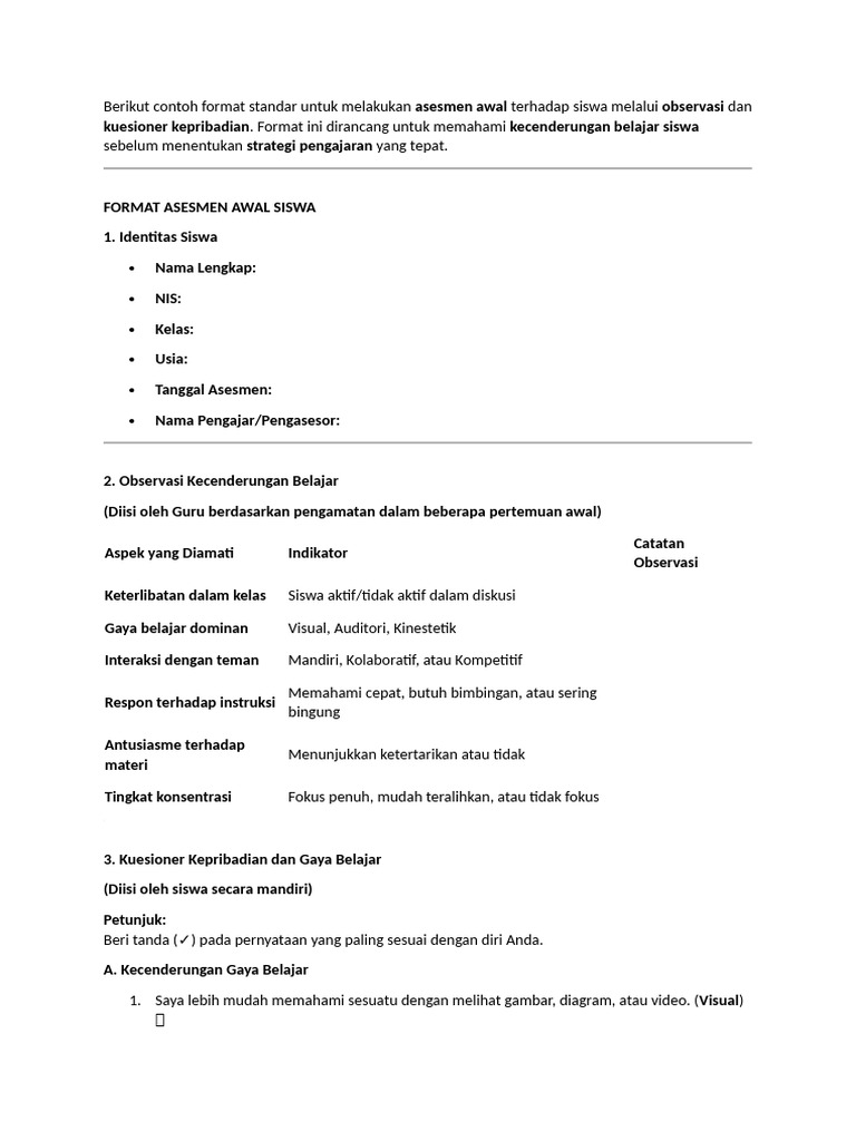 Format Asesmen Awal Siswa Efektif | PDF