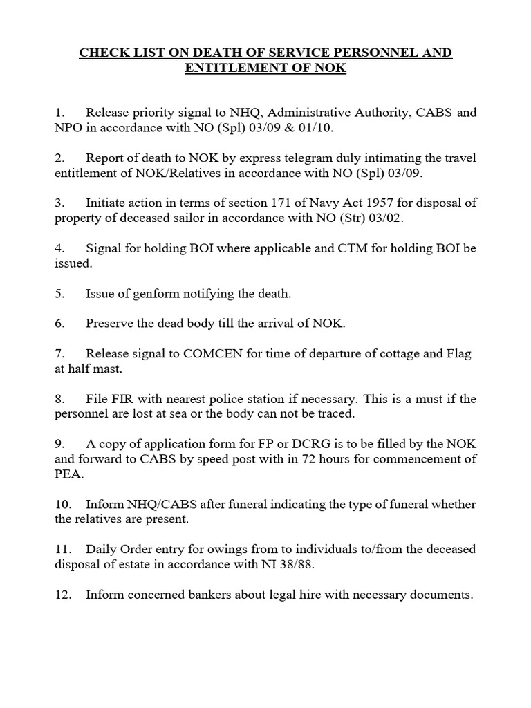 NOK Checklist for Ex-Servicemen's Death | PDF