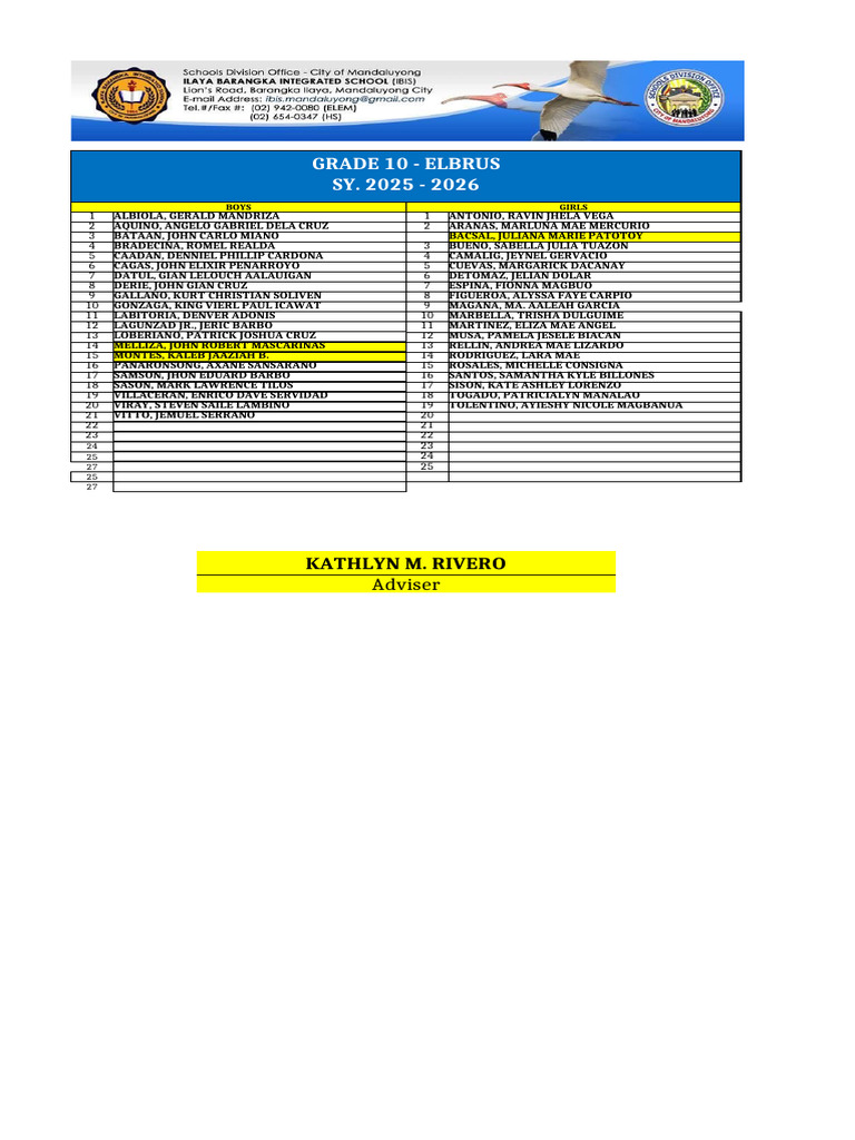 Grade 10 Class List 2025-2026 | PDF