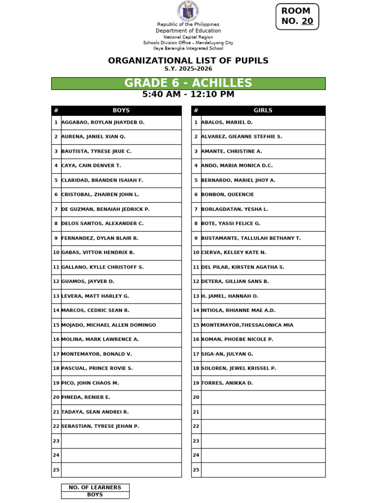 GRADE 6 Organizational List 2025 2026 | PDF