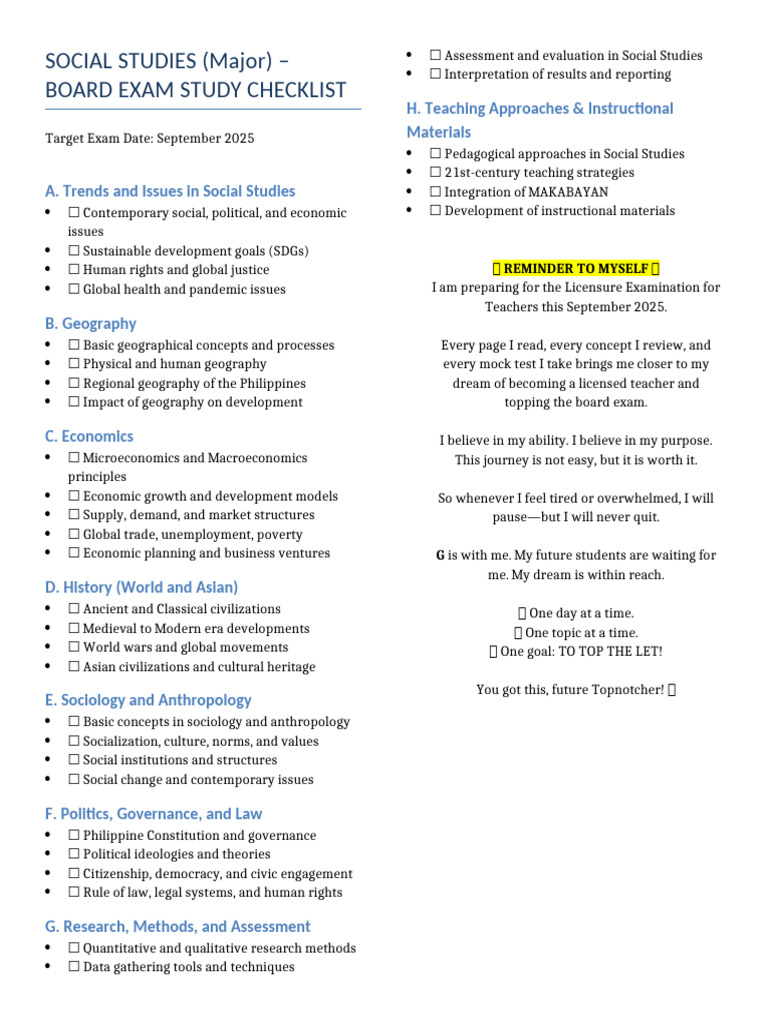 Social Studies Board Exam Checklist | PDF | Geography | Economics