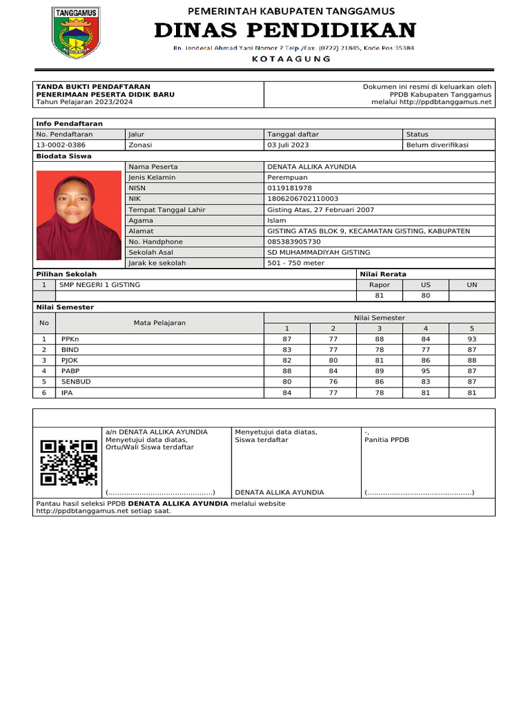 Form Pendaftaran DENATA ALLIKA AYUNDIA Ama | PDF