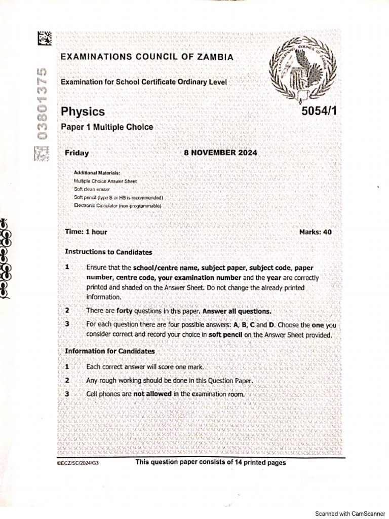 ECZ 2024 Pure Physics P1 Internal | PDF