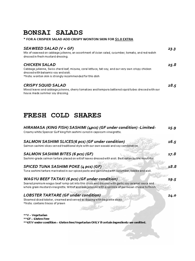 Bonsai Dinner Menu 2024 Updated May | PDF | Sushi | Foods